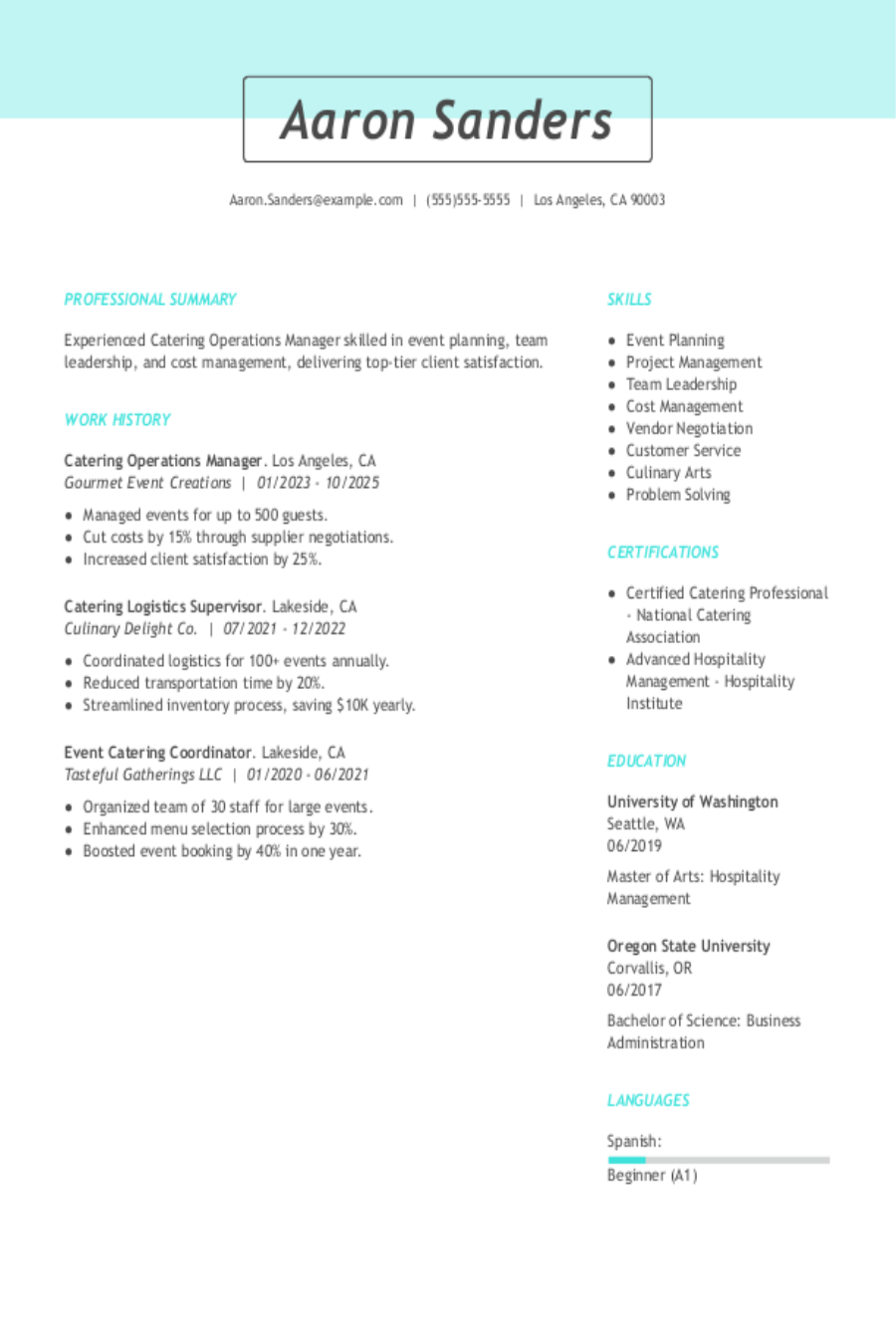 4 Catering Operations Manager Resume Examples, Templates, & Tips for 2026