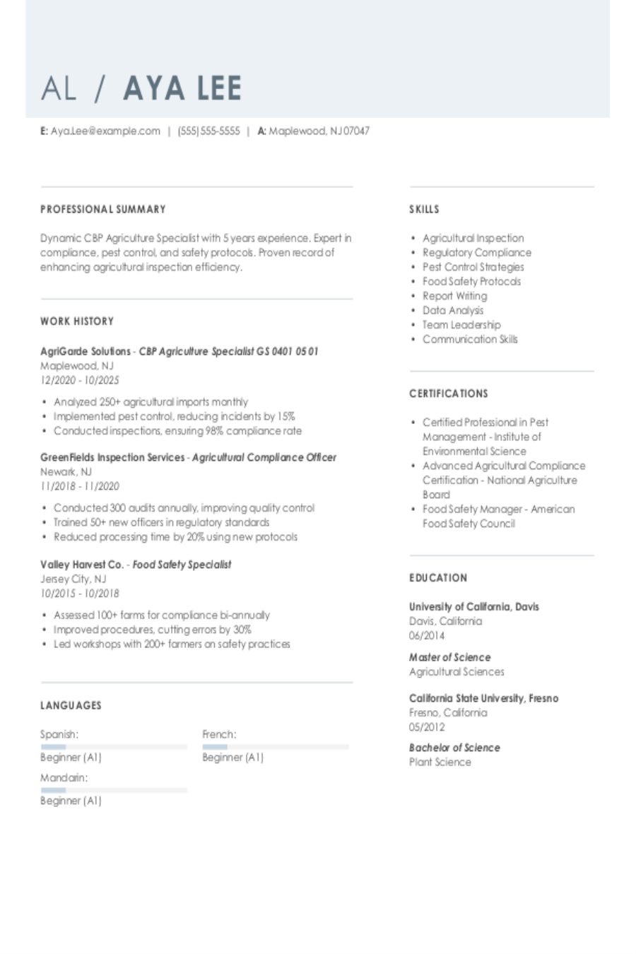 4 CBP Agriculture Specialist Resume Examples, Templates & Tips for 2026