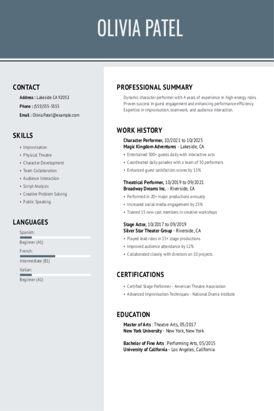 4 Character Performer Resume Examples, Templates, & Tips for 2025