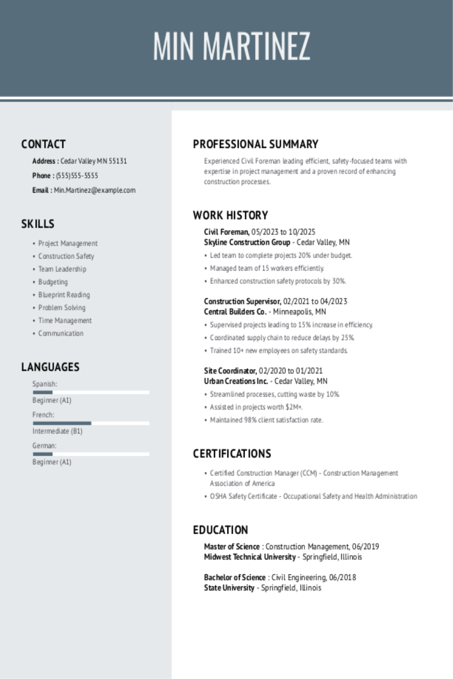 4 Civil Foreman Resume Examples, Templates, & Tips for 2026