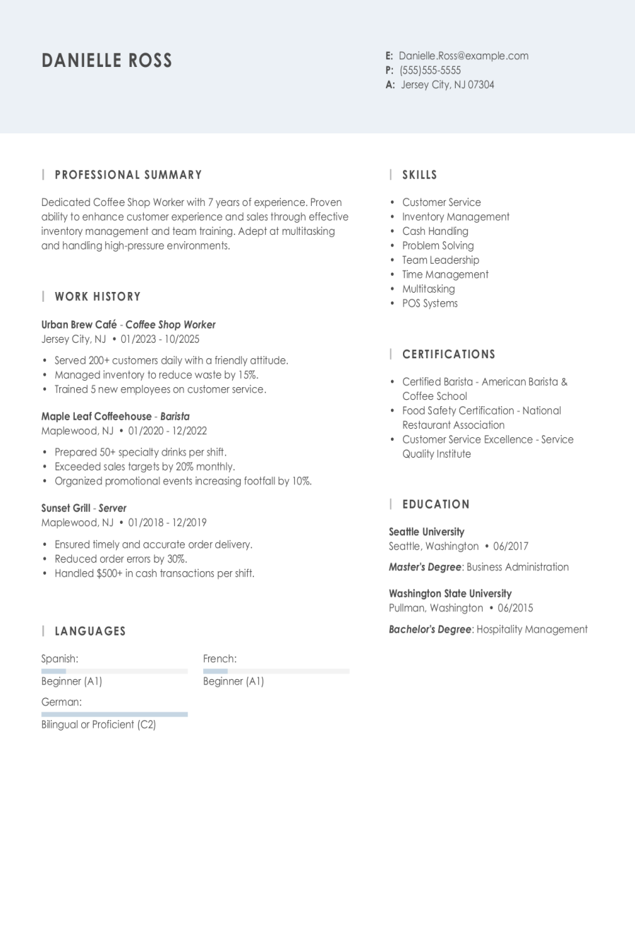 4 Coffee Shop Worker Resume Examples, Templates, & Tips for 2026