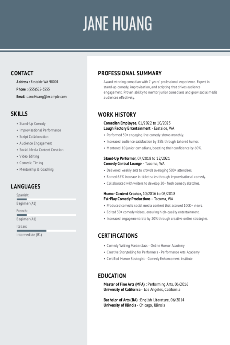 4 Comedian Resume Examples, Templates, & Tips for 2025
