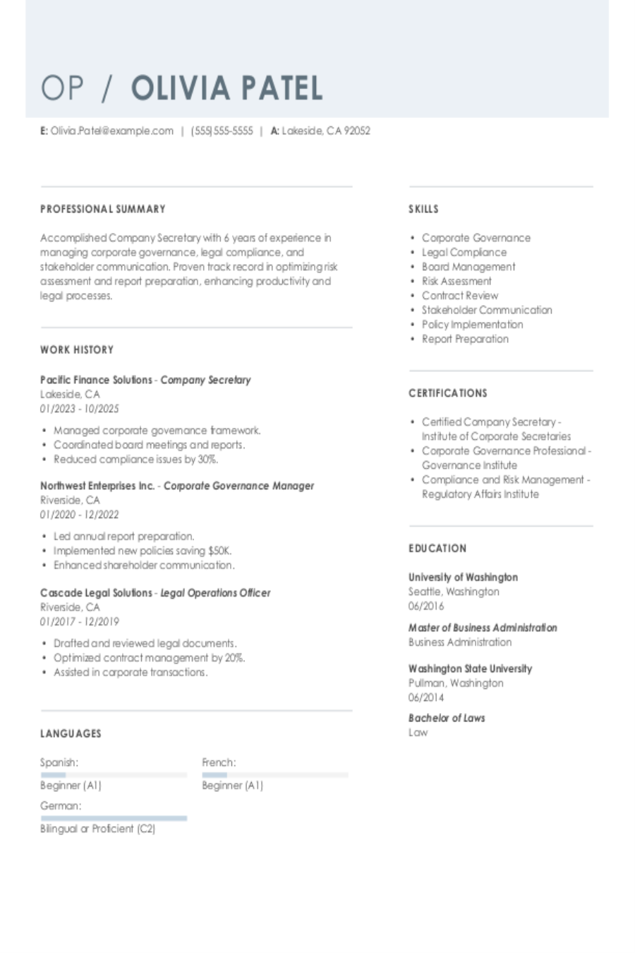 4 Company Secretary Resume Examples, Templates, & Tips for 2026
