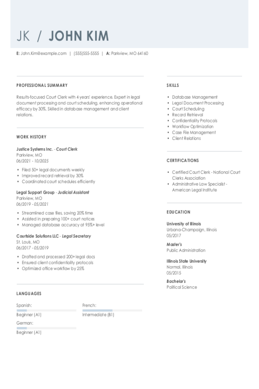 4 Court Clerk Resume Examples, Templates, & Tips for 2026
