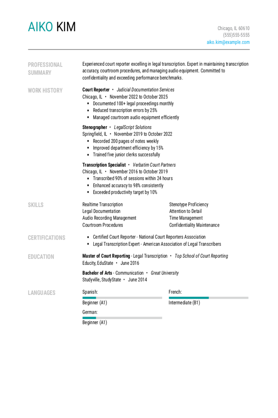 4 Court Reporter Resume Examples, Templates, & Tips for 2026