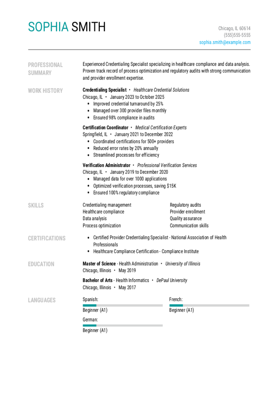 4 Credentialing Specialist Resume Examples, Templates, & Tips for 2025