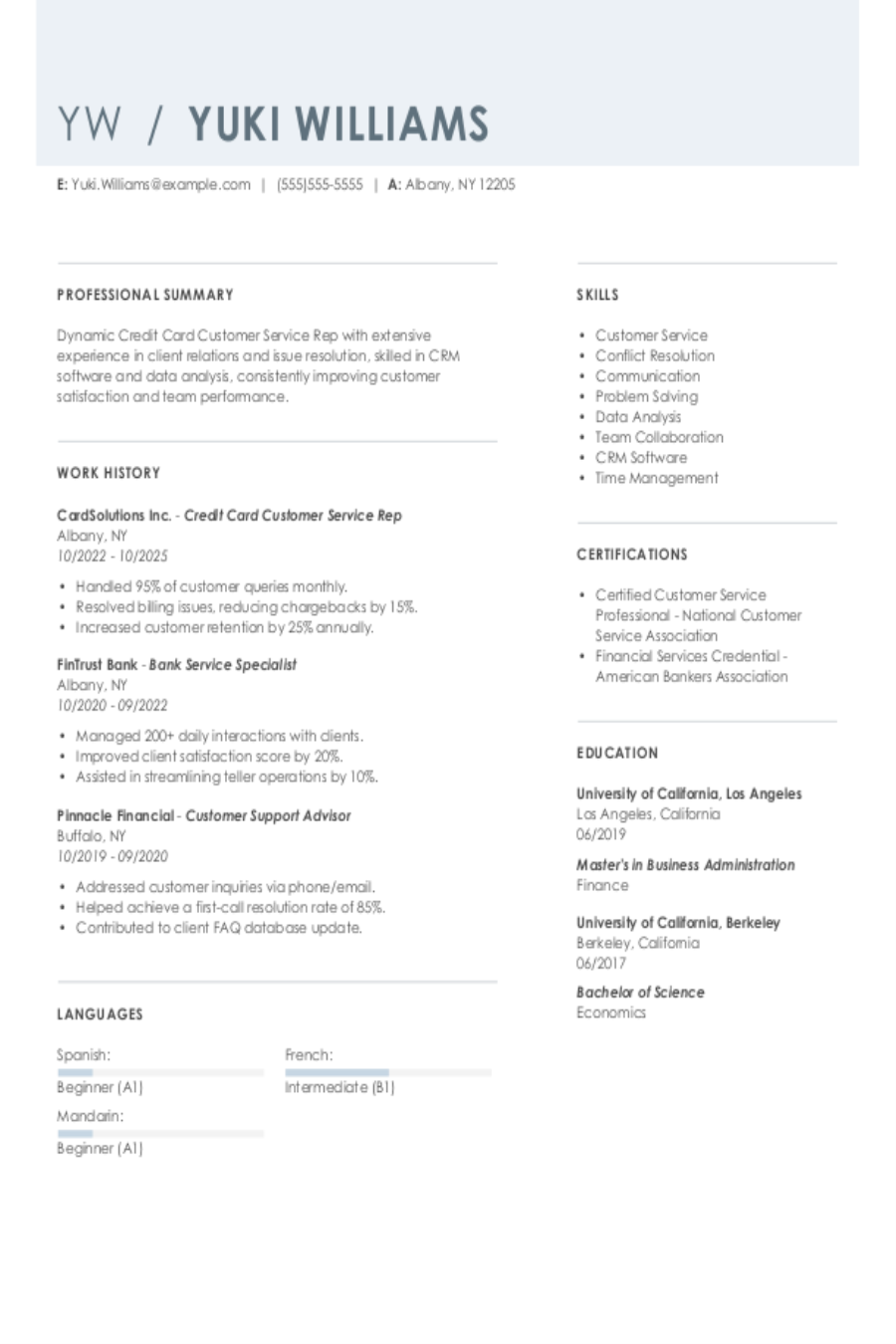 4 Credit Card Customer Service Rep Resume Examples, Templates, & Tips ...