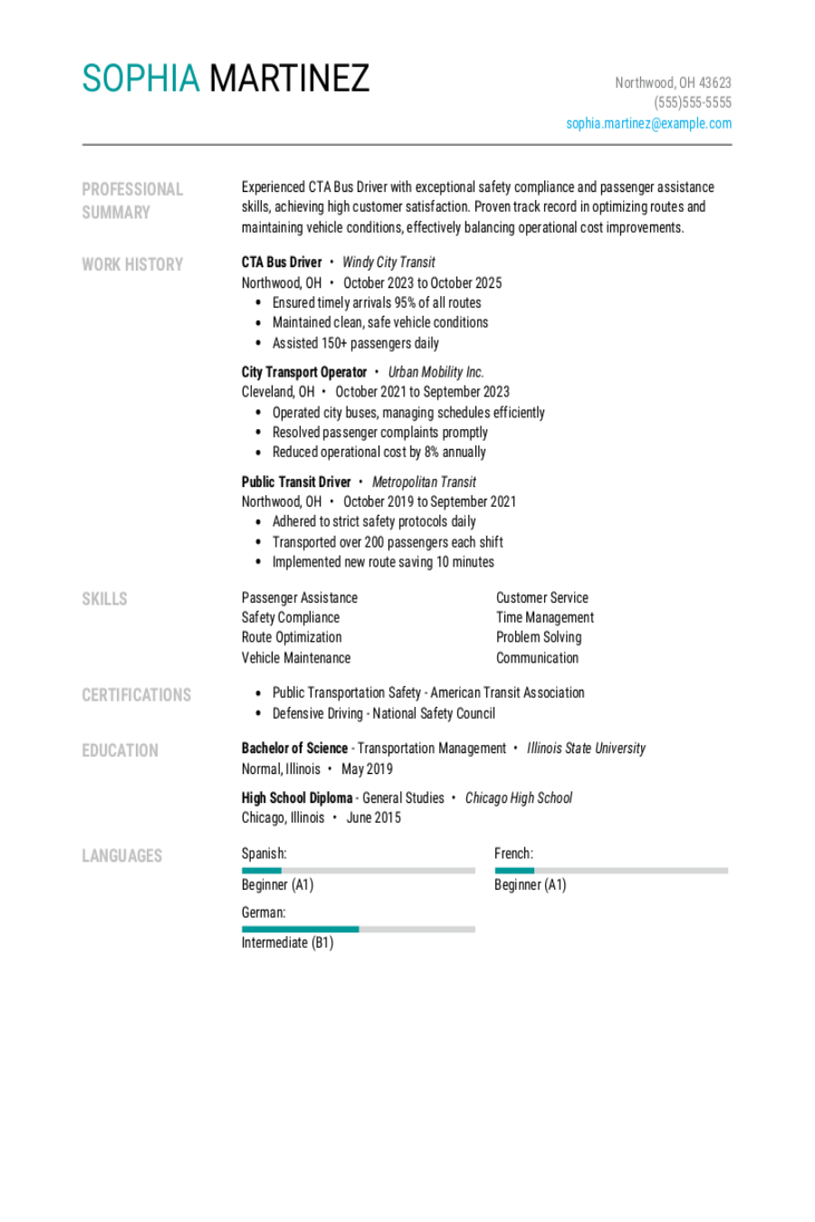 4 CTA Bus Driver Resume Examples, Templates, & Tips for 2026
