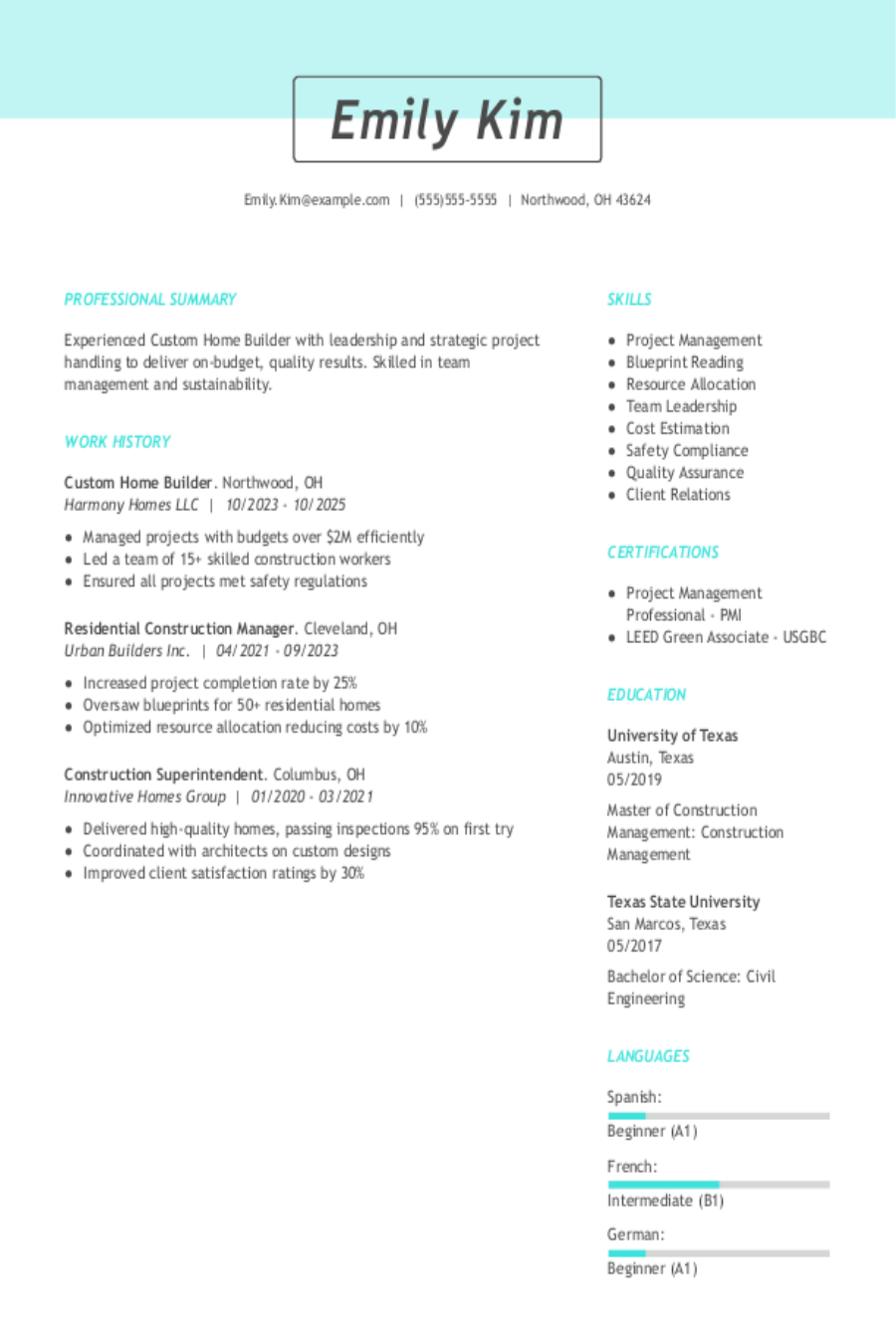 4 Custom Home Builder Resume Examples, Templates, & Tips for 2025