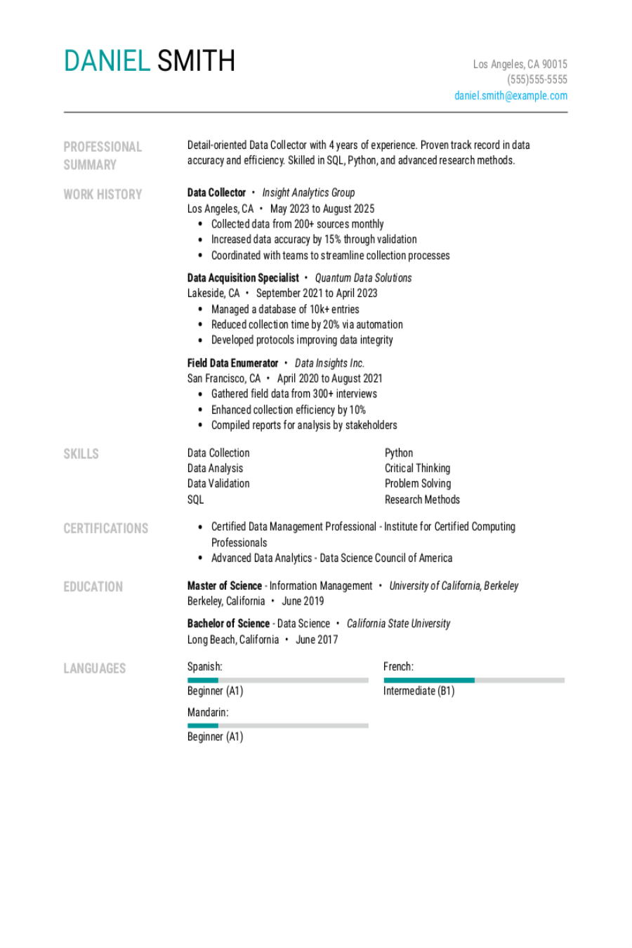 4 Data Collector Resume Examples, Templates, & Tips for 2025