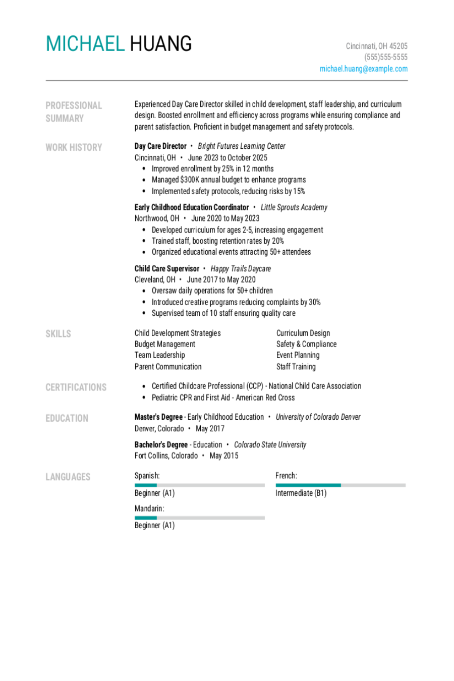4 Day Care Director Resume Examples, Templates, & Tips for 2025
