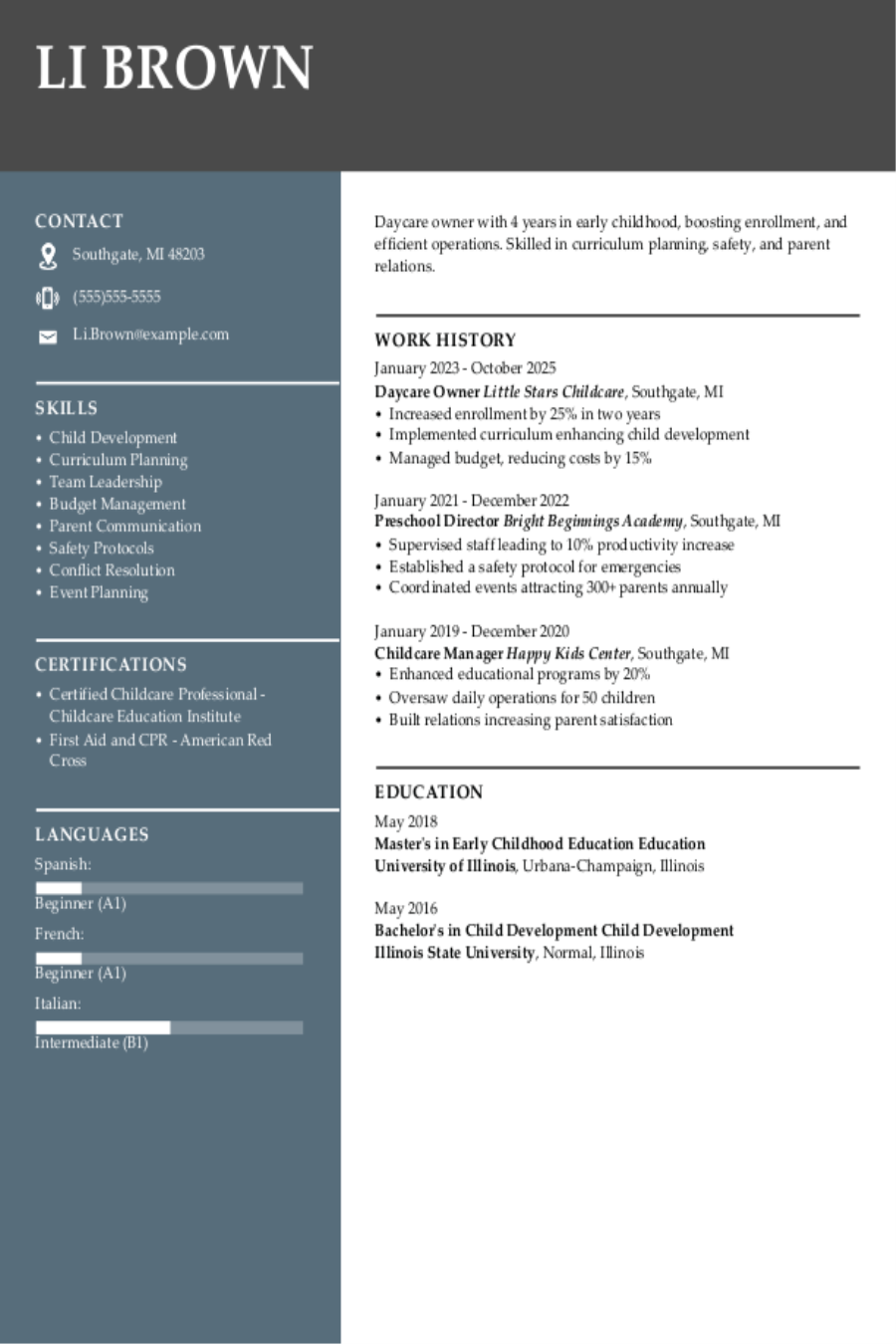 4 Daycare Owner Resume Examples, Templates, & Tips for 2026