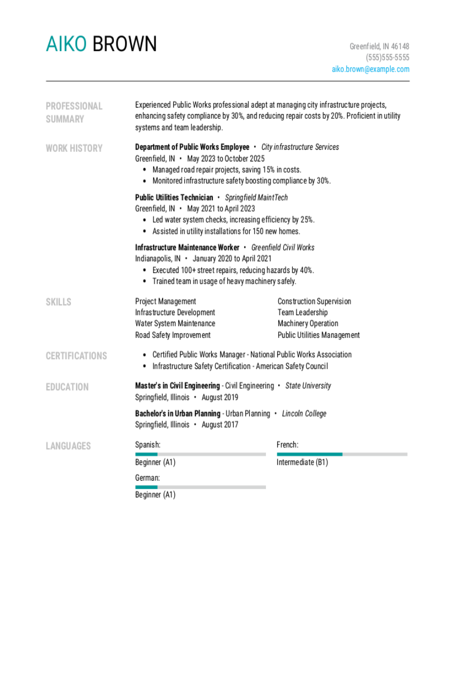 4 Department Of Public Works Employee Resume Examples, Templates ...
