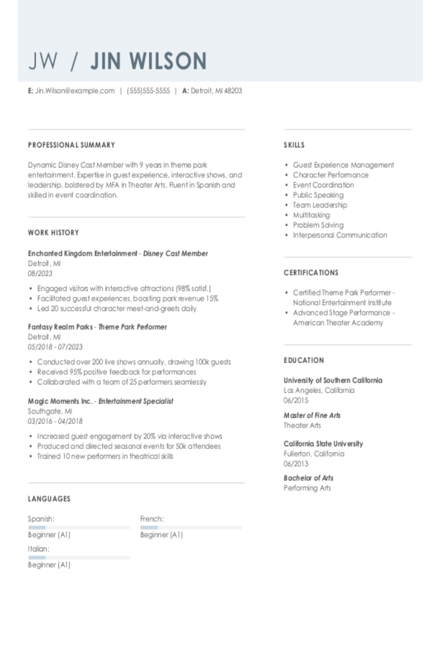 4 Disney Cast Member Resume Examples, Templates, & Tips for 2026