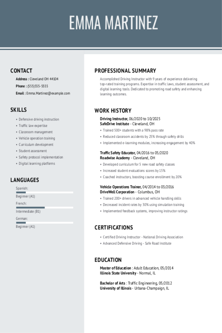 4 Driving Instructor Resume Examples, Templates, & Tips for 2025