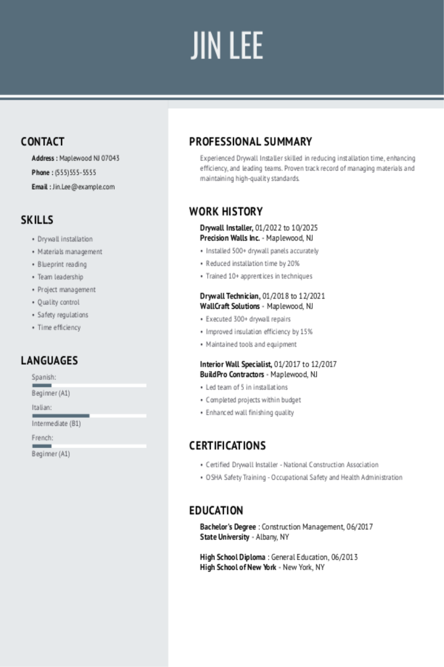 4 Drywall Installer Resume Examples, Templates, & Tips for 2025