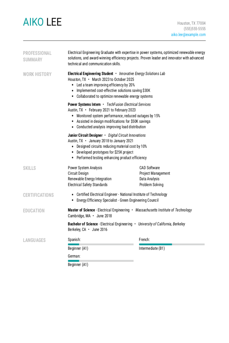 4 Electrical Engineering Student Resume Examples, Templates, & Tips for ...