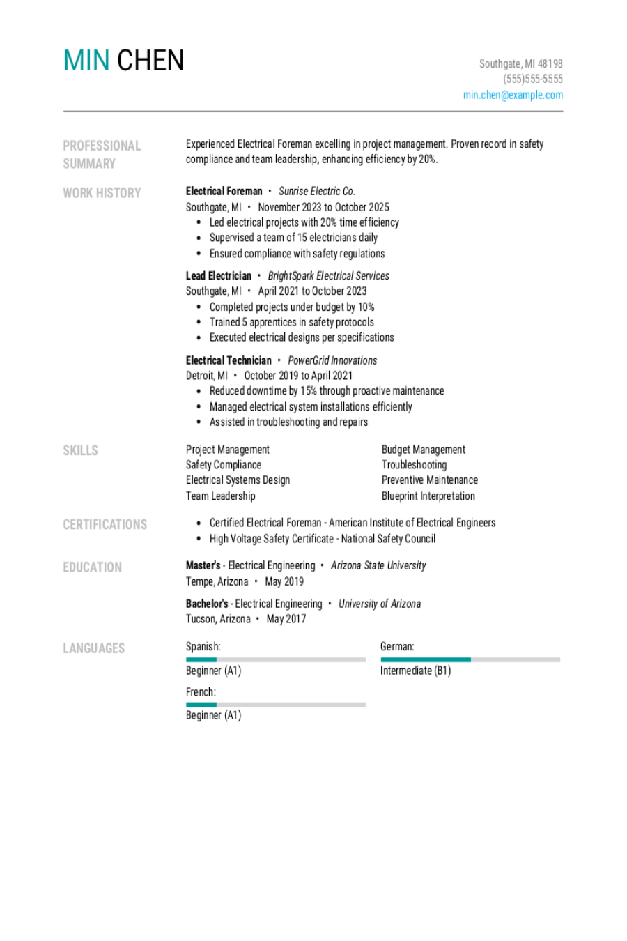 4 Electrical Foreman Resume Examples, Templates, & Tips for 2026