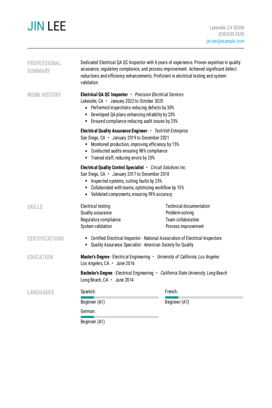 4 Electrical QA QC Inspector Resume Examples, Templates, & Tips for 2025