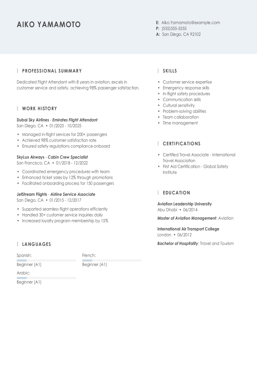 4 Emirates Flight Attendant Resume Examples, Templates, & Tips for 2025