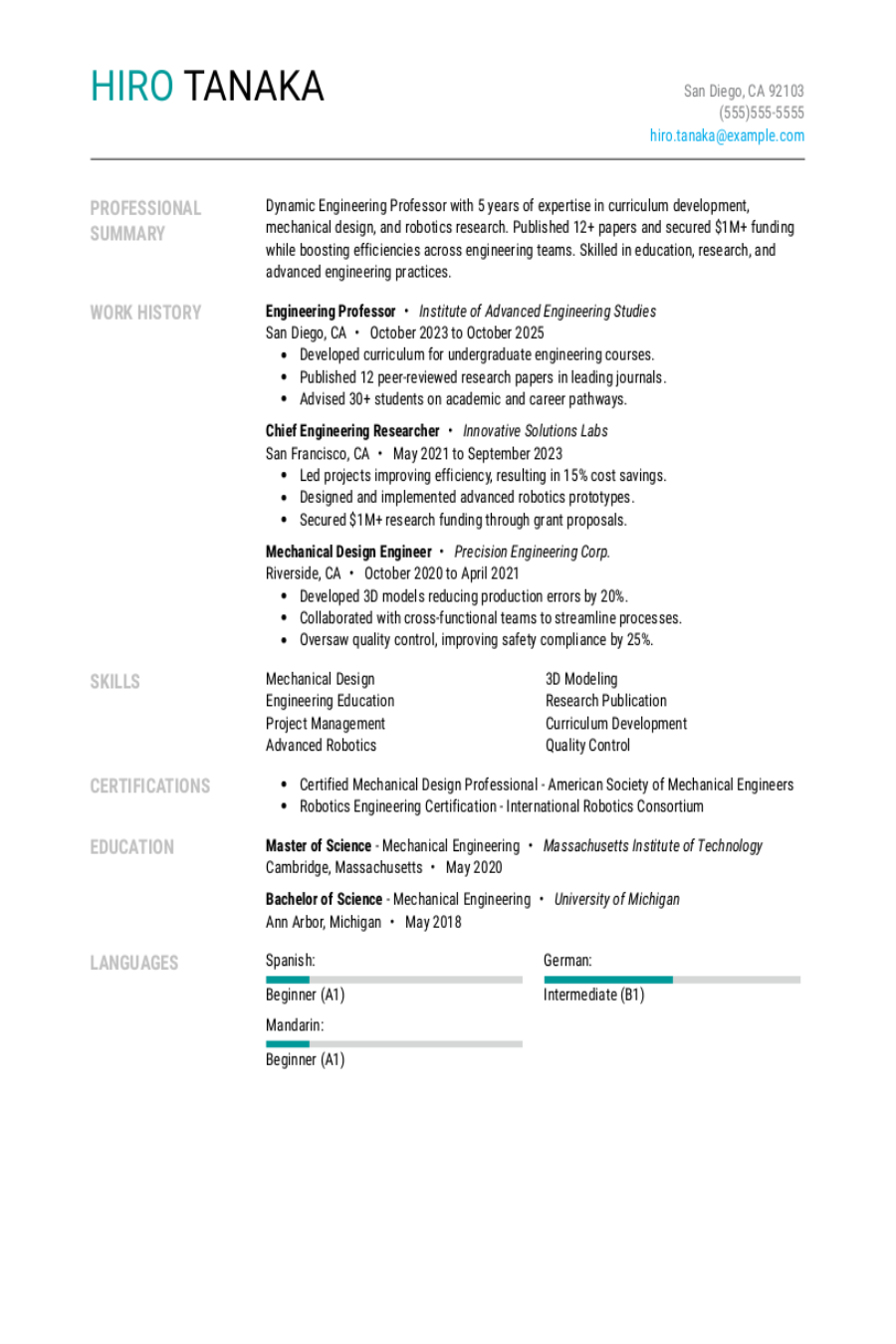 4 Engineering Professor Resume Examples, Templates, & Tips for 2025