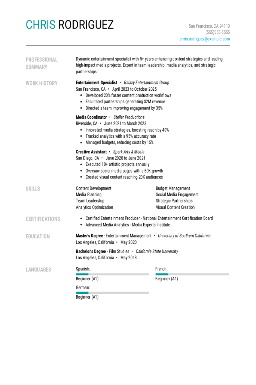 4 Entertainment Resume Examples, Templates, & Tips for 2026