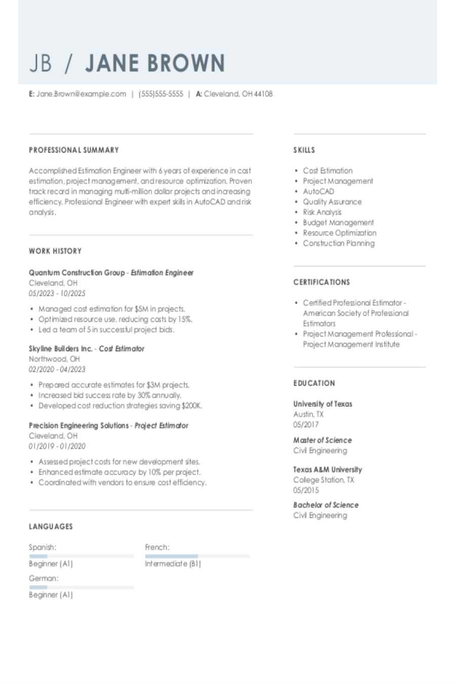4 Estimation Engineer Resume Examples, Templates, & Tips for 2026