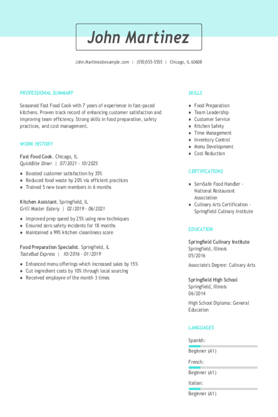 4 Fast Food Cook Resume Examples, Templates, & Tips for 2026