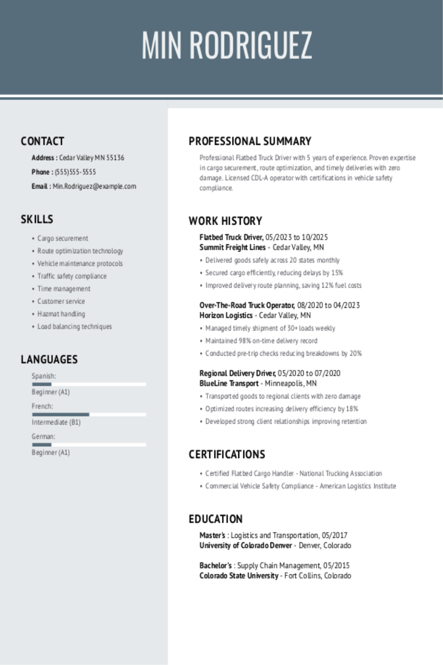 4 Flatbed Truck Driver Resume Examples, Templates, & Tips for 2026