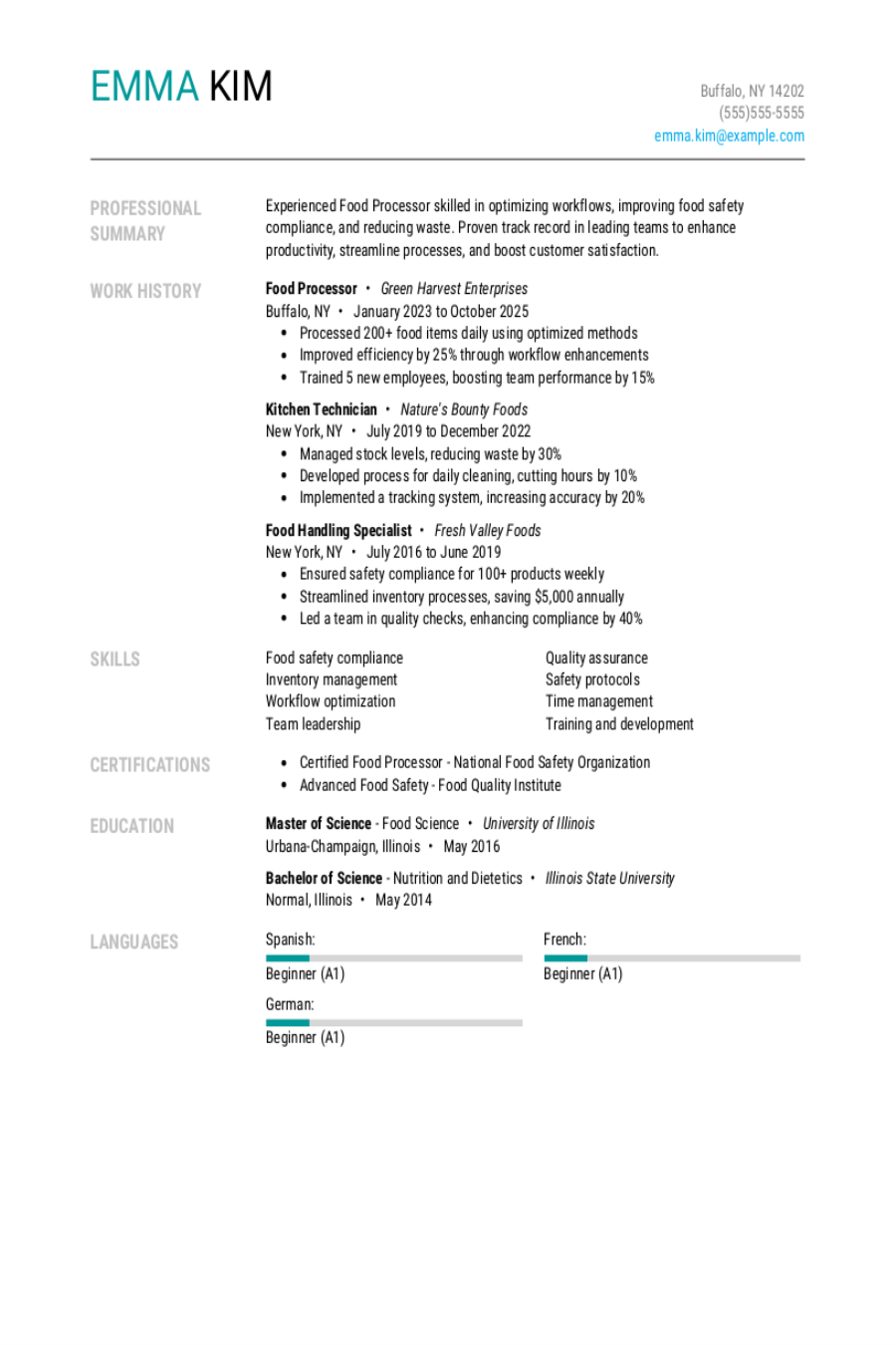 4 Food Processor Resume Examples, Templates, & Tips for 2026