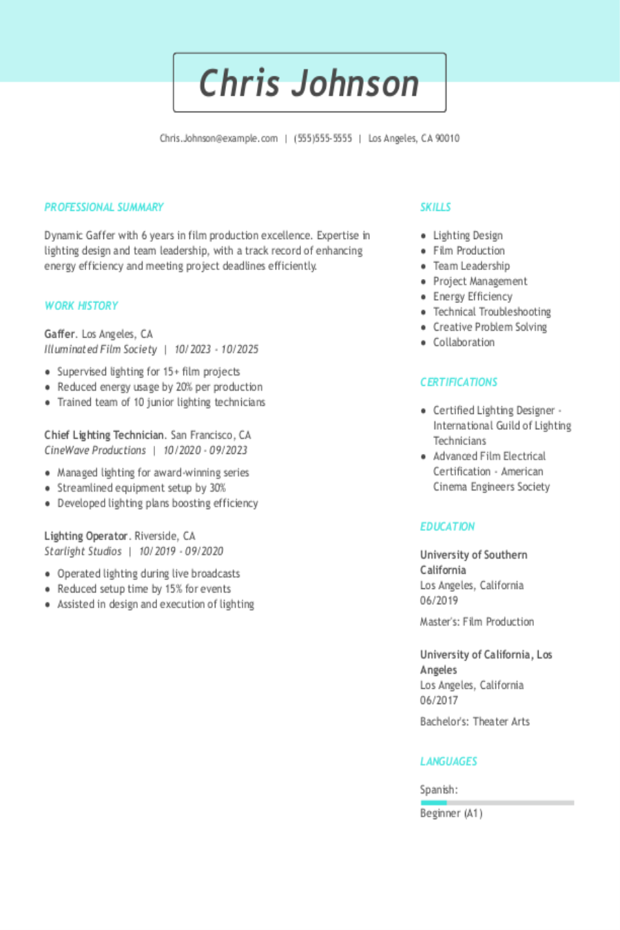 4 Gaffer Resume Examples, Templates & Tips for 2025