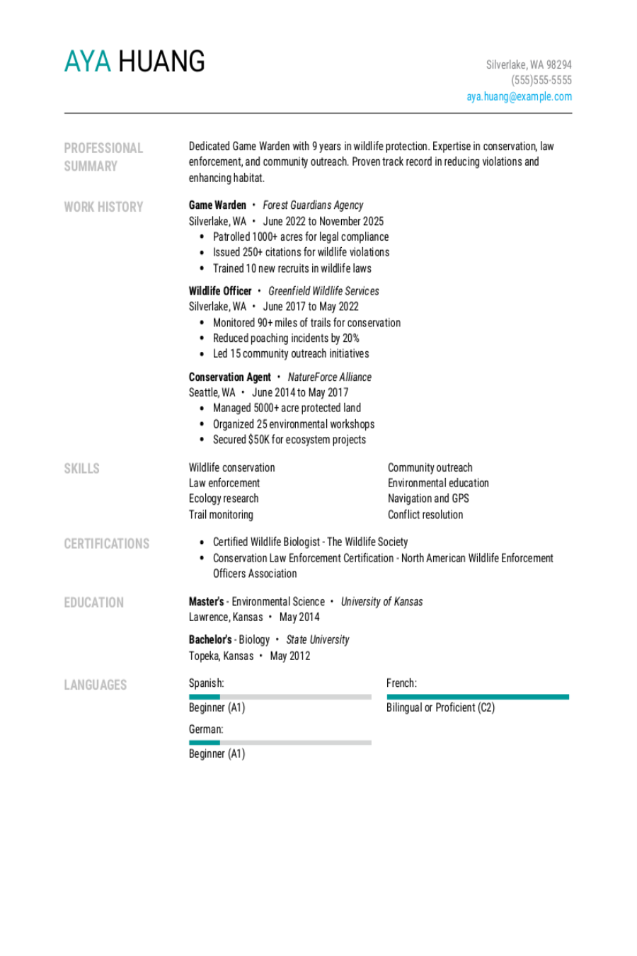 4 Game Warden Resume Examples, Templates, & Tips for 2026