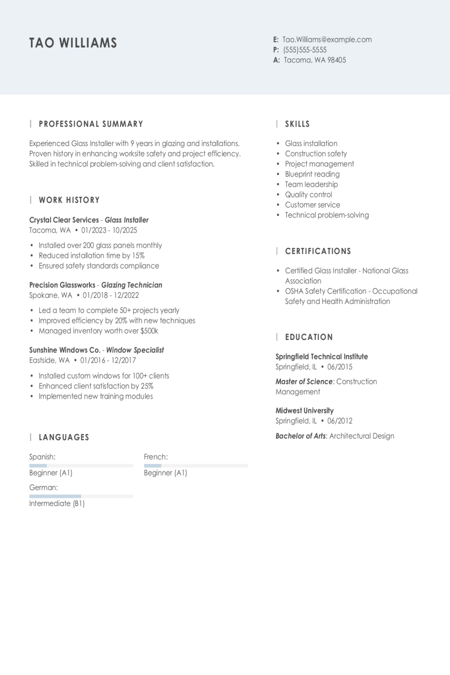 4 Glass Installer Resume Examples, Templates, & Tips for 2025