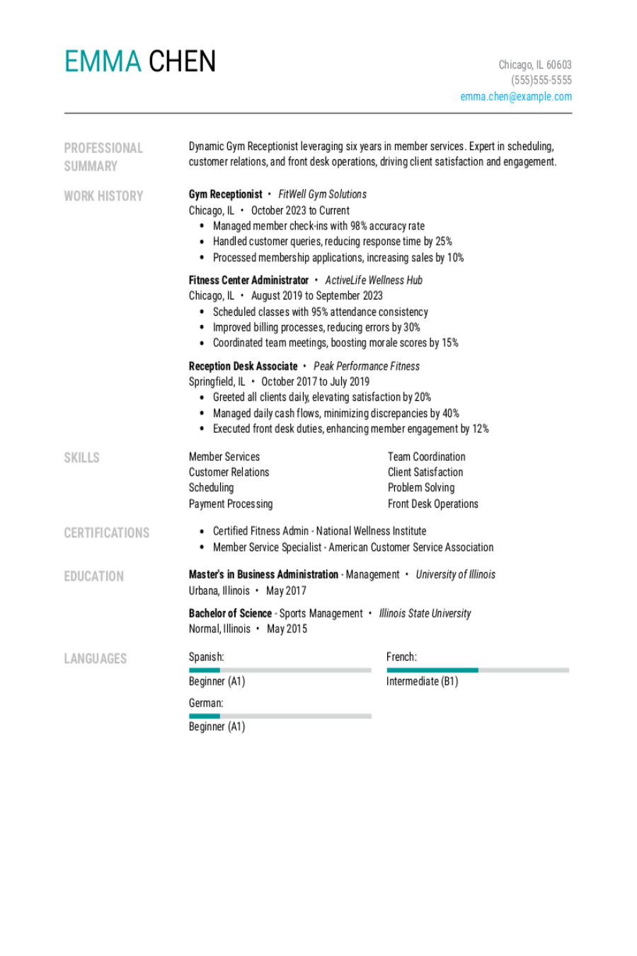4 Gym Receptionist Resume Examples, Templates & Tips for 2026
