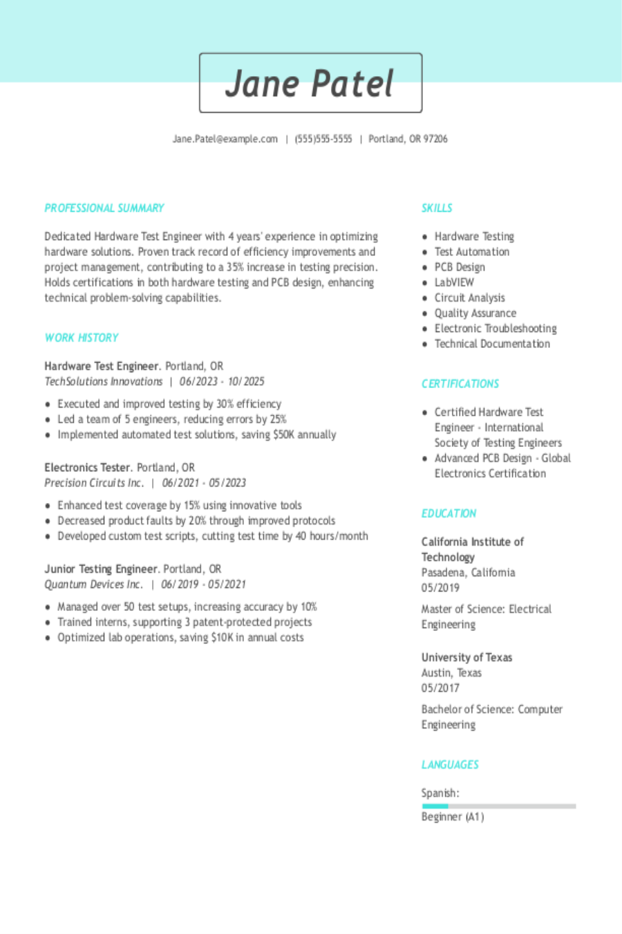 4 Hardware Test Engineer Resume Examples, Templates, & Tips for 2025