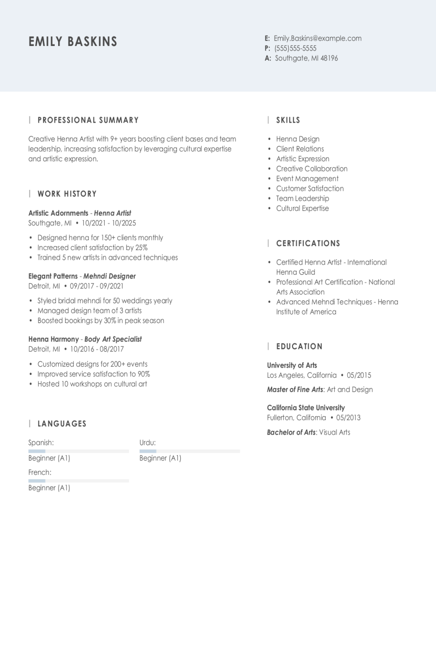 4 Henna Artist Resume Examples, Templates, & Tips for 2026
