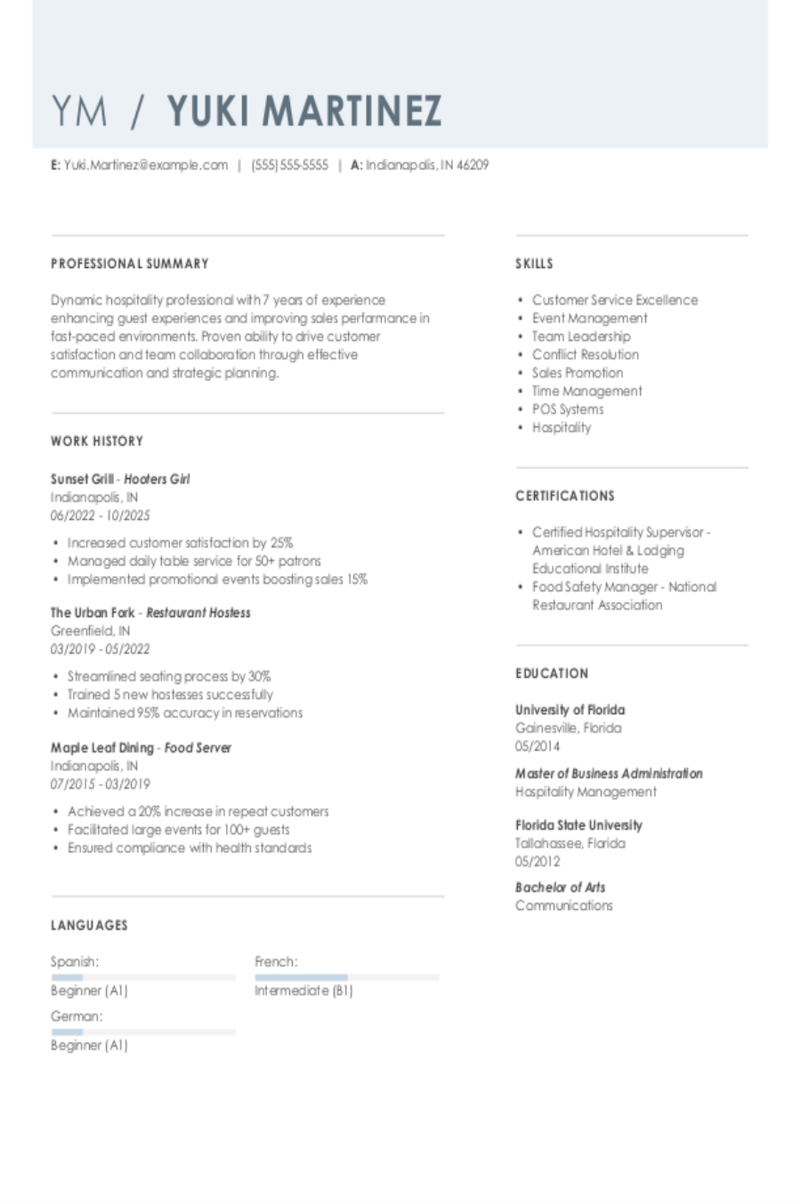 4 Hooters Girl Resume Examples, Templates, & Tips for 2025