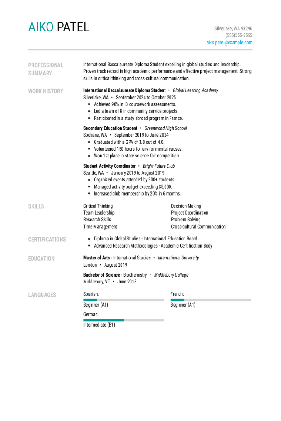 4 International Baccalaureate Diploma Student Resume Examples ...