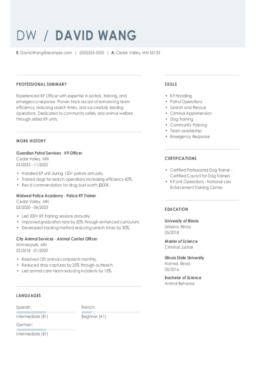 4 K9 Officer Resume Examples, Templates, & Tips for 2026