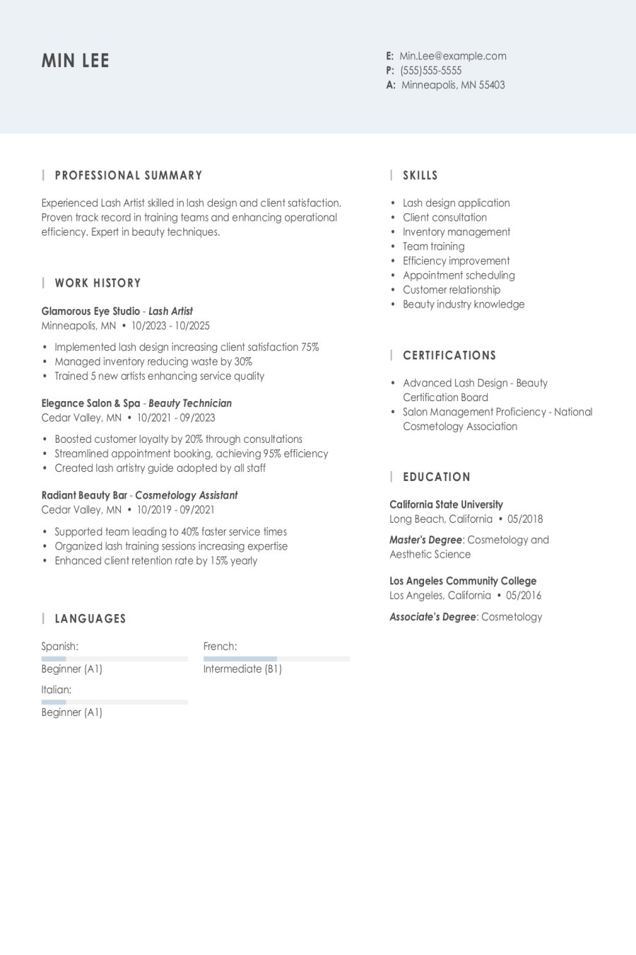 4 Lash Artist Resume Examples, Templates, & Tips for 2026
