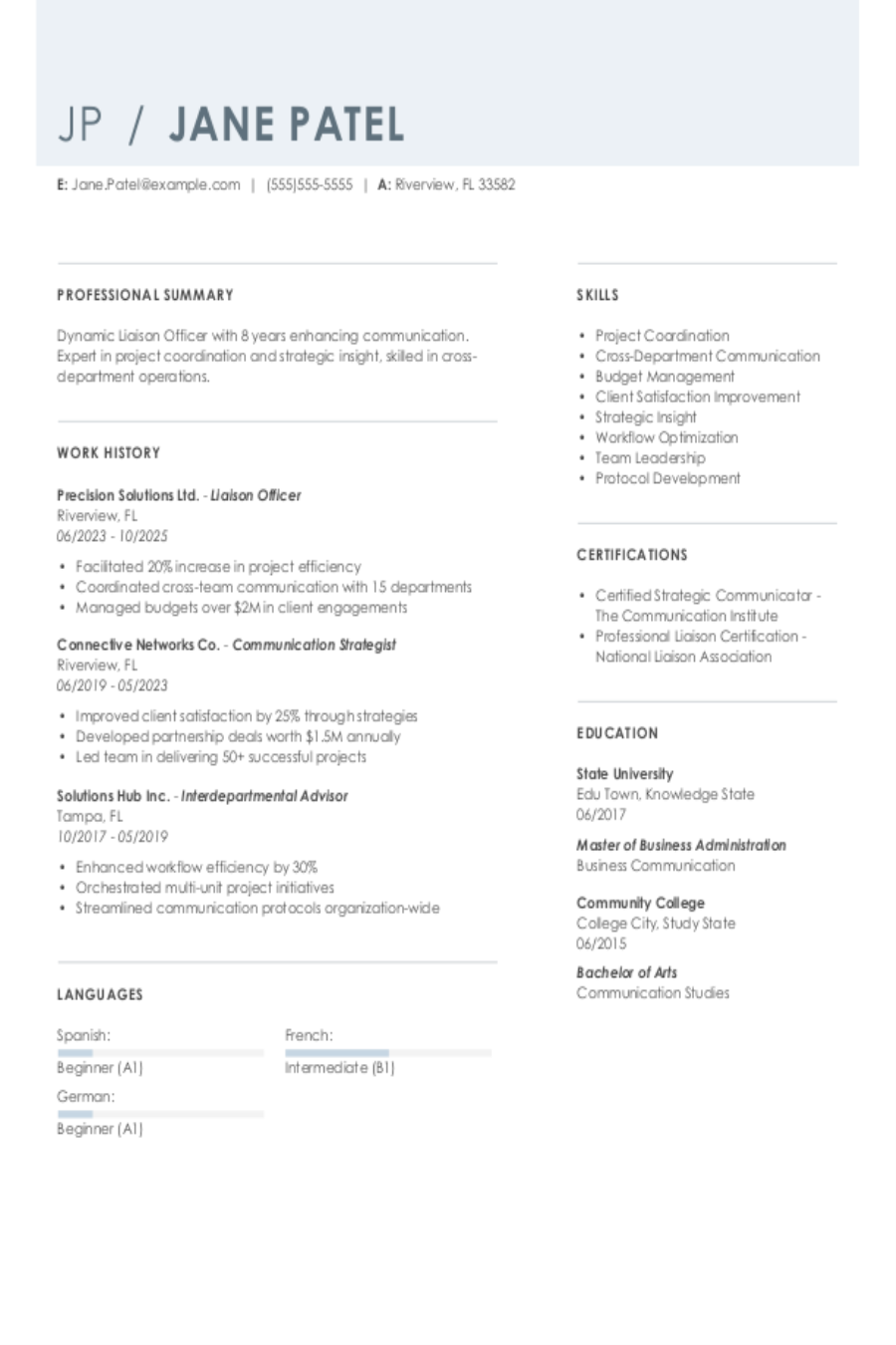 4 Liaison Officer Resume Examples, Templates, & Tips for 2025