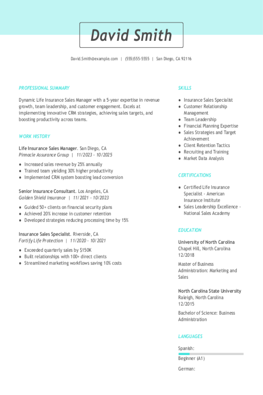 4 Life Insurance Sales Manager Resume Examples, Templates, & Tips for 2026
