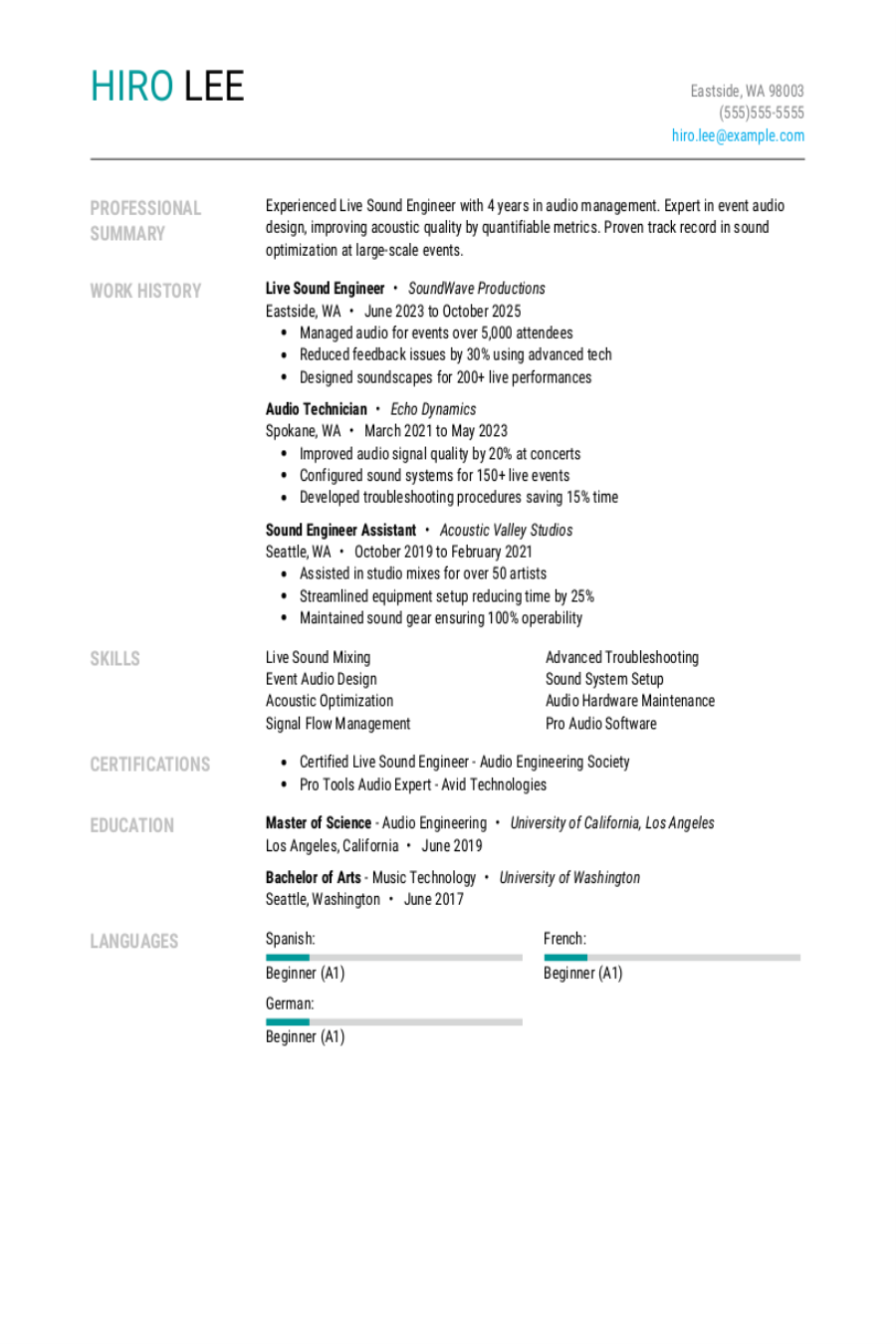 4 Live Sound Engineer Resume Examples, Templates, & Tips for 2026