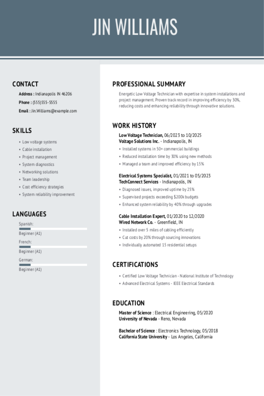 4 Low Voltage Technician Resume Examples, Templates, & Tips for 2026
