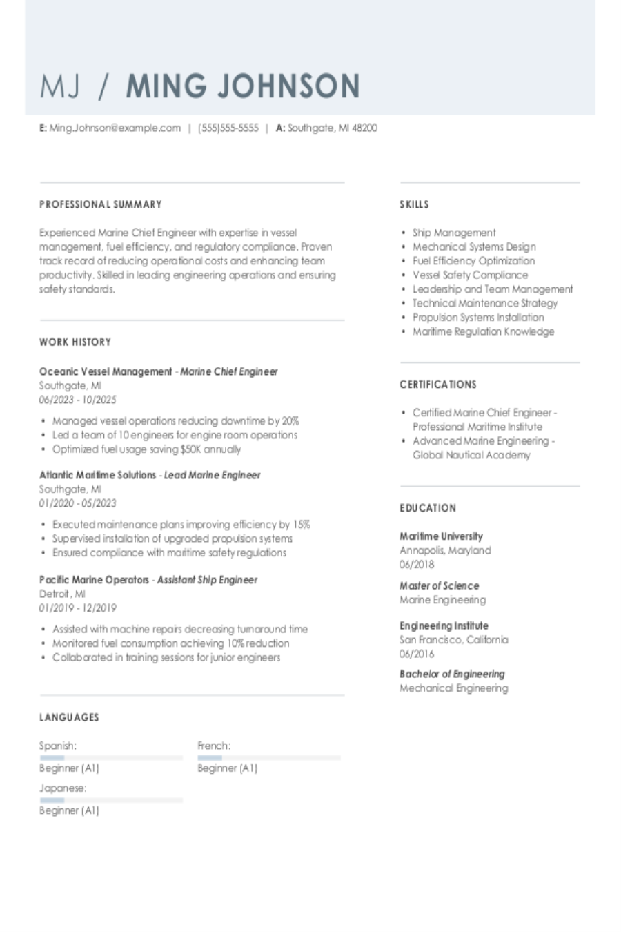 4 Marine Chief Engineer Resume Examples, Templates, & Tips for 2025