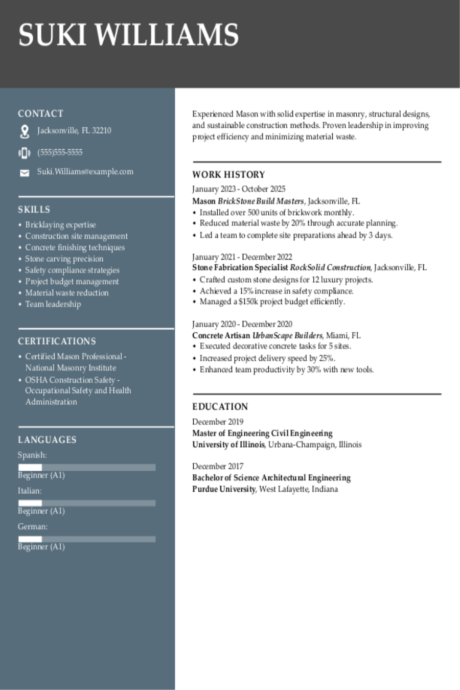 4 Mason Resume Examples, Templates, & Tips for 2025