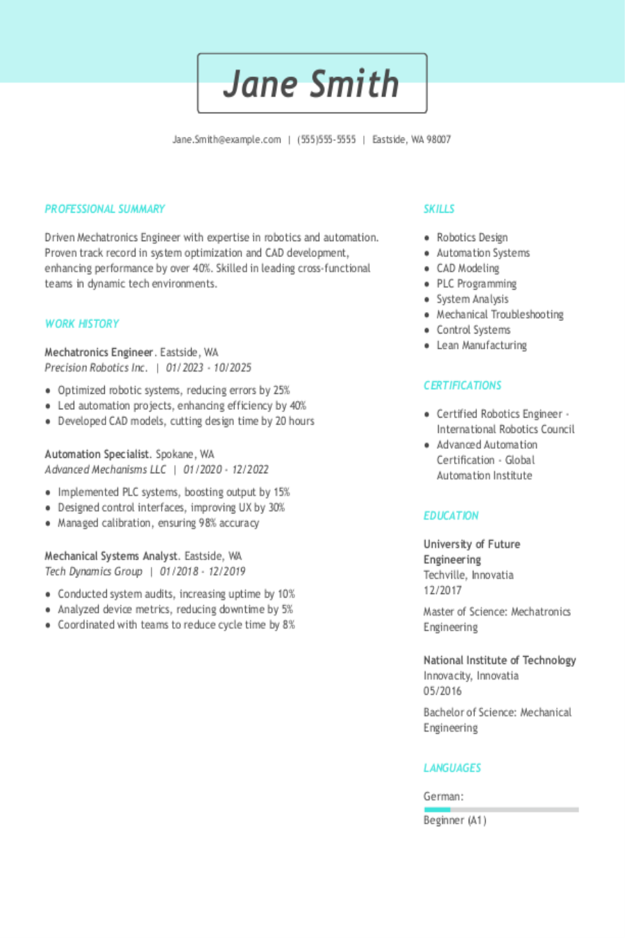 4 Mechatronics Engineer Resume Examples, Templates, & Tips for 2025