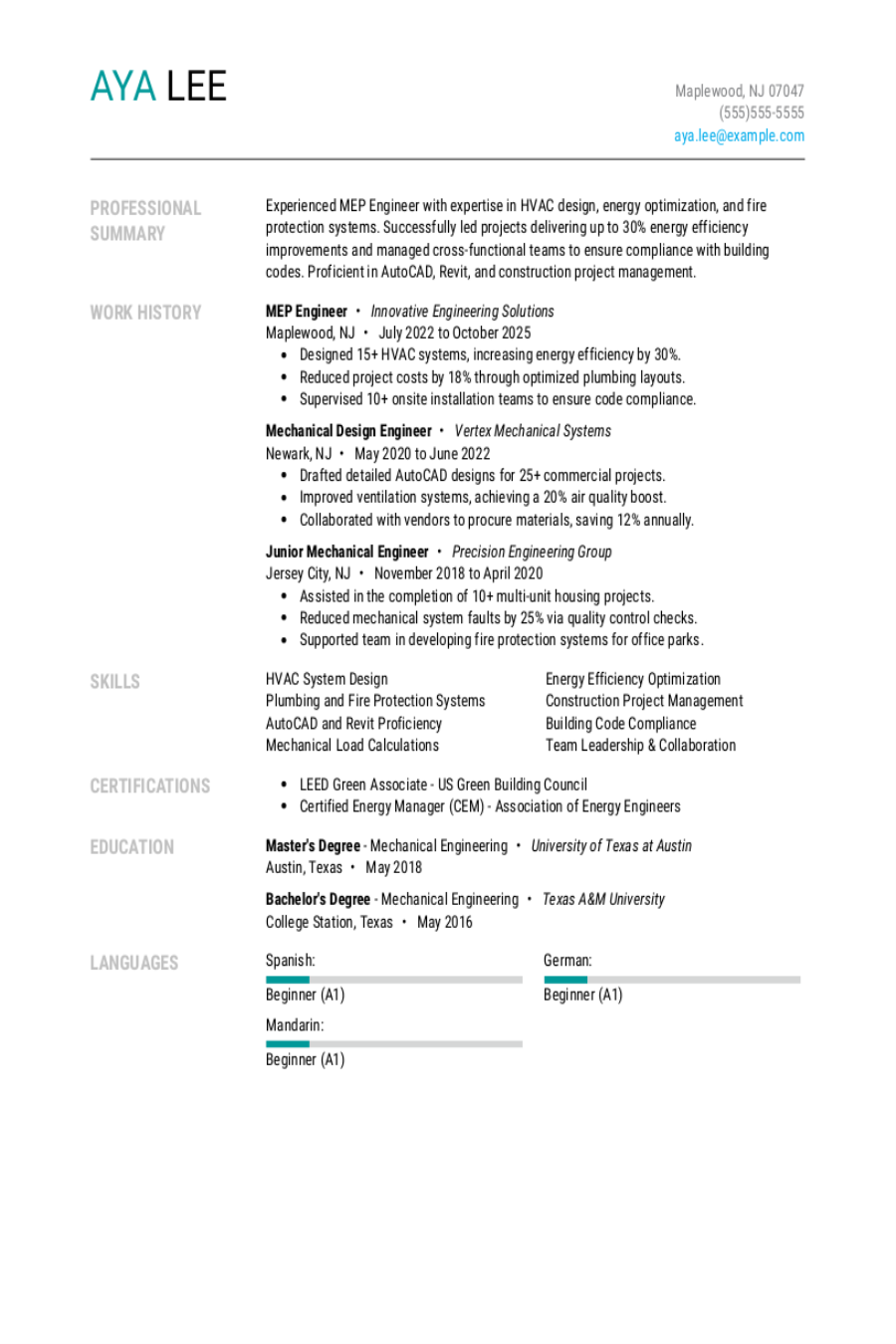 4 MEP Engineer Resume Examples, Templates, & Tips for 2026