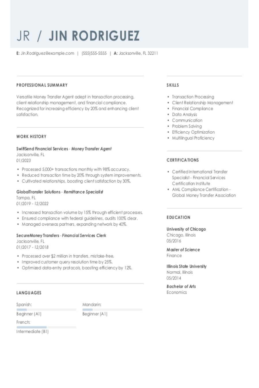 4 Money Transfer Agent Resume Examples, Templates & Tips for 2026