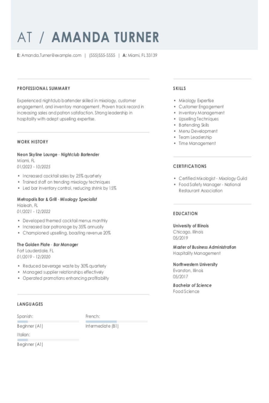 4 Nightclub Bartender Resume Examples, Templates, & Tips for 2026